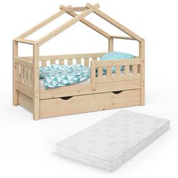 Kinderbett Design" 140x70cm Natur mit Matratze, Rausfallschutz und Gästebett Vitalispa
