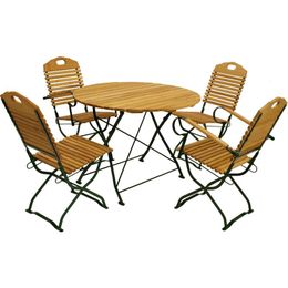 DEGAMO Kurgarten - Garnitur bad tölz 5-teilig (2x Stuhl, 2x Armlehnensessel, 1x Tisch rund 100cm), Flachstahl grün + Robinie, klappbar - braun