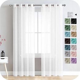 Rhafayre - 2-teiliger weißer Voile-Vorhang 140 x 225 cm mit halbtransparenter Öse in Leinen-Optik, modernes Wohnzimmer, Fenster, Heimdekoration,