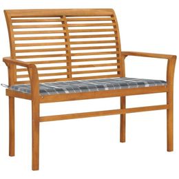 Gartenbank Ruhebank Graue Karomuster-Auflage 112 cm Massivholz Teak vidaXL