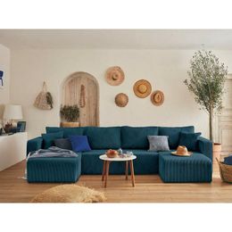 Bestmobilier - Topaze - 7-sitzer wohnlandschaft u-form - schlaffunktion und bettkasten - cord - schieferblau