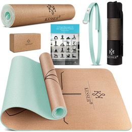 Kesser Yogamatte Kork Inkl. Tragegurt Tasche & Yoga-Block Gymnastikmatte Yoga Matte rutschfest aus Naturkautschuk tpe Fitnessmatte Mint Grün - Mint Grün