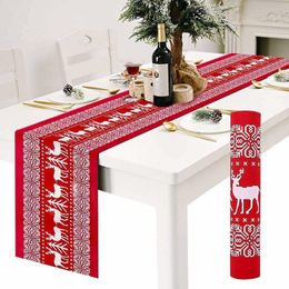 Tischläufer aus rotem Leinen mit weißem Rentiermuster, rutschfest, 28 x 275 cm - Minkurow