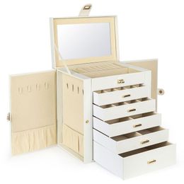 6-lagige Schmuckschatulle für FrauenSchmuck-Aufbewahrungsbox Haloyo Organizer-Box,für Ohrringe, Armbänder, Ringe, Halsketten,27 x 28 x 16.5cm,Weiß