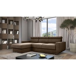 Sofa mit Bettkasten Braga - Ecksofa mit Schlaffunktion - Ottomane links freistehend - Eckcouch, Sofa L-Form - Samtstoff (Braun - Monolith 09) - Braun