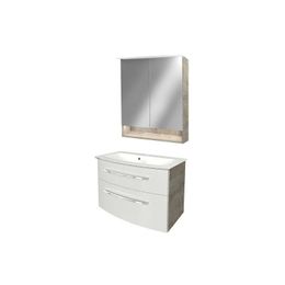 Fackelmann B.style Badmöbel Set – Waschbecken mit Unterschrank und LED-Spiegelschrank in Weiß mit Holz braun – Waschbeckenunterschrank 80 cm hängend breit –