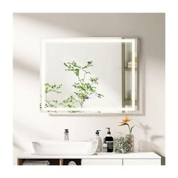Badspiegel mit Anti-Beschlage Spiegelheizung und Anzeige, LED-Spiegel dimmbar, Badezimmerspiegel 3000K-6500K Wandspiegel 90 x 70 x 4 cm - Costway