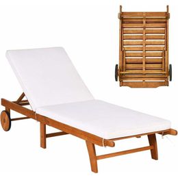 Sonnenliege verstellbare Rückenlehne mit Rollen und Kissen, Gartenliege Holz,Strandliege 160kg für Garten, Rasen und Terrasse - Costway