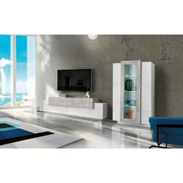 Modulare Wohnwand, Made in Italy, mit weißem LED-Licht, TV-Ständer und Vitrine, Modernes Wohnzimmer-Set, 290x45h121 cm, Weiß glänzend und Zementfarbe