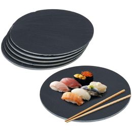 Relaxdays - Schieferplatte 6er Set, runde Servierplatte, Durchmesser 25 cm, Servieren von Käse, Sushi, Desserts, schwarz