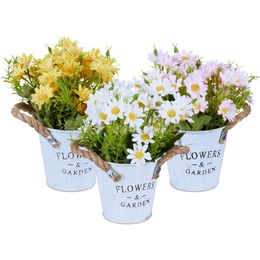 Relaxdays - Kunstblumen im Topf, 3er Set künstliche Pflanzen, Chrysanthemen, Kunstpflanze, HxD: 20 x 15 cm, gelb/weiß/rosa