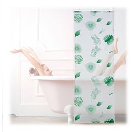 Duschrollo Blätter, 60x240cm, Seilzugrollo für Dusche & Badewanne, wasserabweisend, Decke & Fenster, weiß/grün - Relaxdays