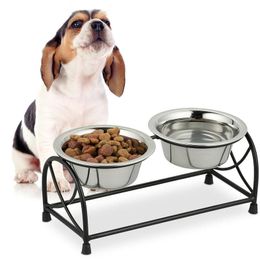 Futterstation Hund, Napfständer kleine Hunde, Hundebar 2 Edelstahlnäpfe je 400ml, Futterbar, schwarz/silber - Relaxdays