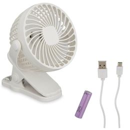 Ventilator klein, 3 Stufen, schwenkbar, mit Clip, leise, Klemmventilator, Büro, Auto, USB-Anschluss, weiß - Relaxdays