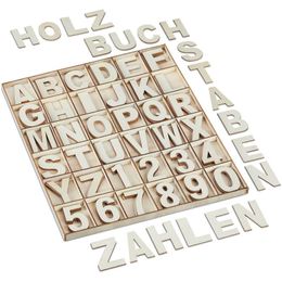 Holzbuchstaben & Holzzahlen, 144-tlg. Set, Großbuchstaben a-z, Zahlen 0-9, 5 cm, Holzdeko zum Basteln, natur - Relaxdays