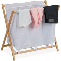 Wäschekorb, 3 Fächer mit je 38 l, klappbarer Wäschesammler, Bambusgestell, HxBxT: 71 x 74 x 42 cm, weiß/natur - Relaxdays