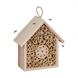 Bienenhotel, Holz, Insektenhotel Wildbienen, Garten, Balkon, zum Aufhängen, HxBxT: 20,5 x 19,5 x 8,5 cm, natur - Relaxdays