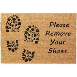 Relaxdays Fußmatte Kokos, Please Remove Your Shoes, 60 x 40 cm, rutschfester Fußabtreter innen & außen, natur/schwarz