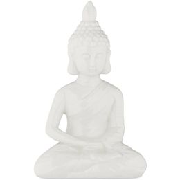 Buddha Figur sitzend, 17 cm hoch, Garten-Dekofigur, wetterfest & frostsicher, Dekoskulptur Wohnzimmer, weiß - Relaxdays