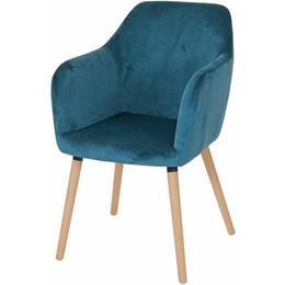 HHG Neuwertig] Esszimmerstuhl Vaasa T381, Stuhl Küchenstuhl, Retro 50er Jahre Design Samt, petrol-blau, helle Beine - blue