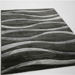 Teppich Modern Wellenmuster Wohnzimmer Konturenschnitt in Grau Anthrazit Braun Beige,160x230 cm, Anthrazit