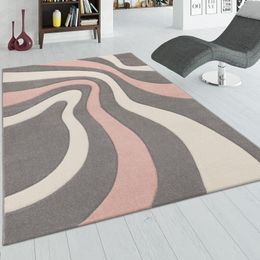 Teppich Wohnzimmer Kurzflor 3D Effekt Modern Abstraktes Wellen Muster Grau Rosa 80x300 cm - Paco Home