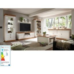 Lomadox - Komplett-Set Wohnzimmermöbel LINARES-61 Landhaus-Stil in Pinie weiß / Wotan Eiche Nb. - Stellmaß Wohnwand: b/h/t ca.: 397/204/52 cm - braun