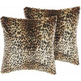 Beliani Dekokissen 2er Set Braun Quadratisch 45 x 45 cm mit Füllung Leopardenmuster Abnehmbare Bezüge mit Reißverschluss Animal Print für Couch Bett - Beige