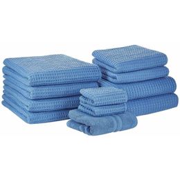 Beliani Badehandtuch Set mit Badematte 11-teilig Blau Baumwolle Zero-Twist-Garn verschiedene Größen Badezimmer Ausstattung - Blau