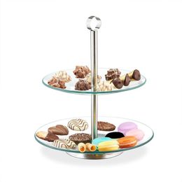 Etagere, 2-stöckig, rund, Cupcakes, Kekse, Snacks, Obst, Glas, Edelstahl, Servierständer, transparent/silber - Relaxdays