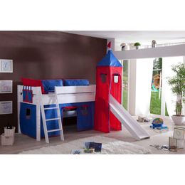 Relita Spielbett KIM 90x200 cm, mit Rutsche und Turm Buche massiv weiß lackiert Stoffset blau/rot