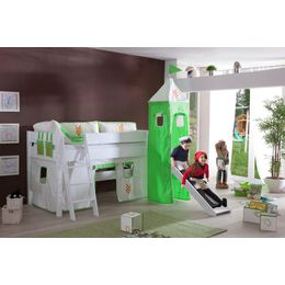 Relita Spielbett KIM 90x200 cm, mit Rutsche und Turm Buche weiß lackiert Stoffset Beige/Grün