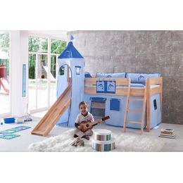 Relita Spielbett KIM 90x200 cm, mit Rutsche, Turm Buche massiv natur lackiert Stoffset blau/delfin