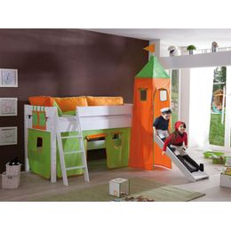 Relita Spielbett KIM 90x200 cm, mit Rutsche,Turm Buche massiv weiß lackiert Stoffset grün/orange