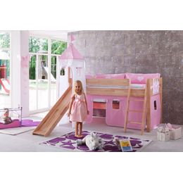 Relita Spielbett KIM 90x200cm, mit Rutsche,Turm Buche massiv natur lackiert Stoffset rosa/weiß/herz