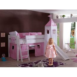 Relita Spielbett KIM 90x200 cm, mit Rutsche,Turm Buche weiß lackiert Stoffset rosa/weiß/herz