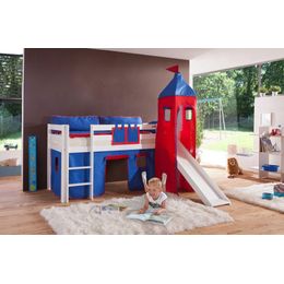 Relita Halbhohes Spielbett ALEX mit Rutsche/Turm Buche massiv weiß lackiert mit Stoffset blau/rot