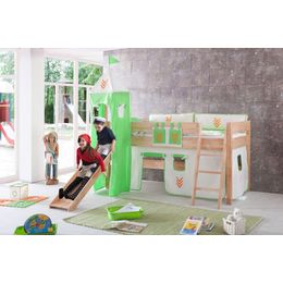 Relita Spielbett KIM 90x200 cm, mit Rutsche,Turm Buche massiv natur lackiert Stoffset Beige/Grün