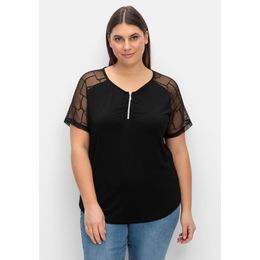 CRÉATION L Große Größen: Shirt mit Zipper und Ärmeln aus Spitze, schwarz, Gr.50