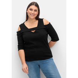 CRÉATION L Große Größen: Jerseyshirt mit Cut-outs, in Rippqualität, schwarz, Gr.48