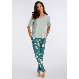 Pyjama Lascana Gr. 44/46, grün (grün, gemuster) Damen Homewear-Sets Pyjamas