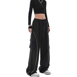 KIKI Latzhose Damen Baggy Elastische Taille Casual Sport-Cargohose mit Taschen