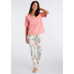 Pyjama Lascana Gr. 40/42, rosa (peach, ecru gemustert) Damen Homewear-Sets Pyjamas