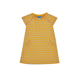 Finkid A-Linien-Kleid Finkid Marja Kleid Kurzarm Sunflower/Pebble 100/110 Kurzarm Kleid gelb gestreift in angenehmer Bambus Jersey Qualität