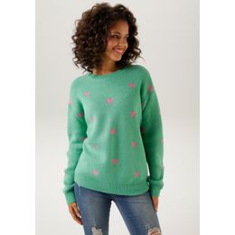 Strickpullover Aniston CASUAL Gr. 34, grün (grün, pink) Damen Pullover Jacquard-Pullover