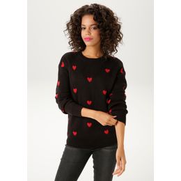 Strickpullover Aniston CASUAL Gr. 34, schwarz (schwarz, rot) Damen Pullover Jacquard-Pullover