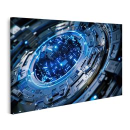 islandburner Leinwandbild Detailreiche Nahaufnahme eines kreisförmigen Metall-Mikrochips im blau
