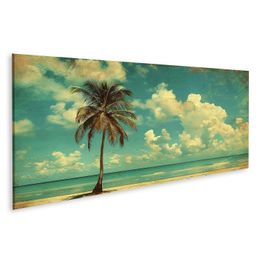 islandburner Leinwandbild Ein majestätischer Palmenbaum dominiert den tropischen Strand vor blau