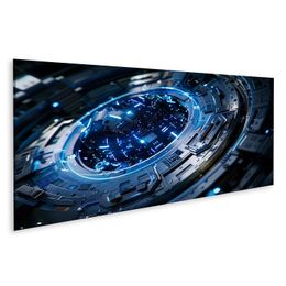 islandburner Leinwandbild Detailreiche Nahaufnahme eines kreisförmigen Metall-Mikrochips im blau