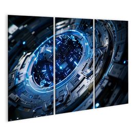 islandburner Leinwandbild Detailreiche Nahaufnahme eines kreisförmigen Metall-Mikrochips im blau